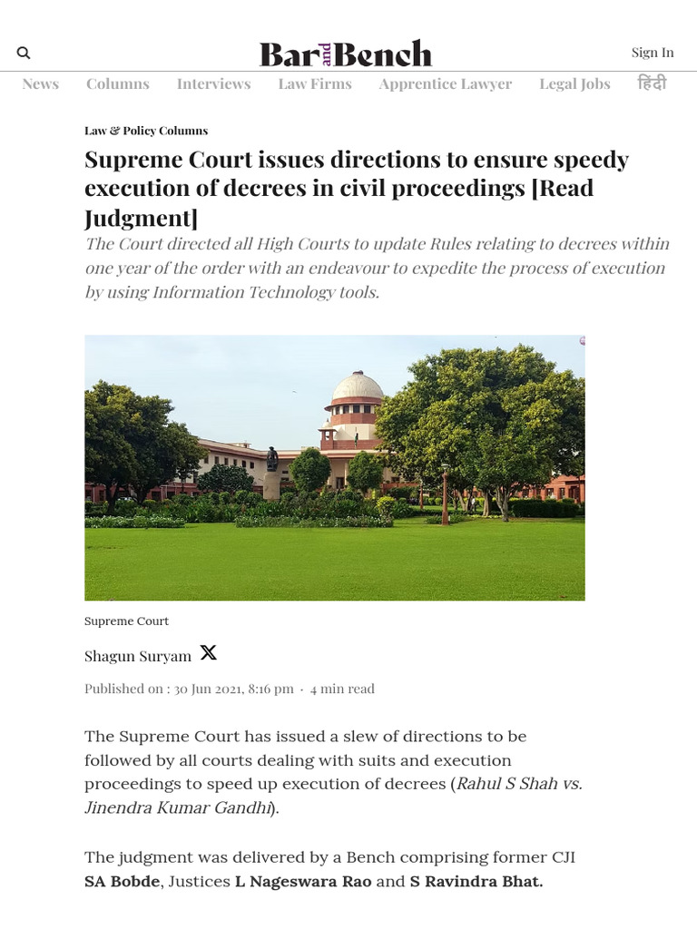 Supreme Court Issues Directions To Ensure Speedy Execution of Decrees ...