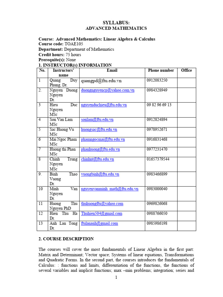 Syllabus Advanced Mathematics Toae105 Pdf Eigenvalues And 8057