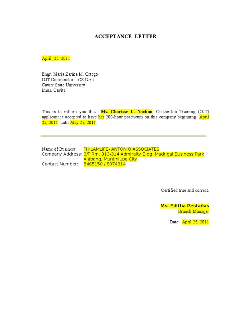 OJT Acceptance Letter for Charisse Nachon | PDF