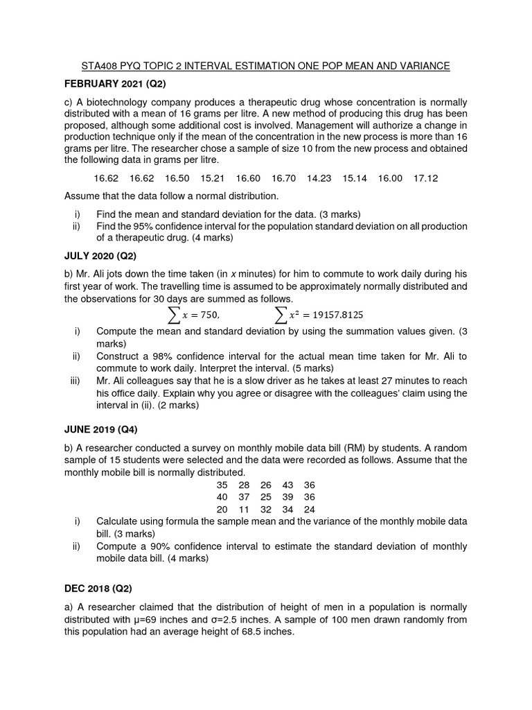 Sta408 Pyq Topic 2 Interval Estimation One Pop Mean and Variance | PDF ...
