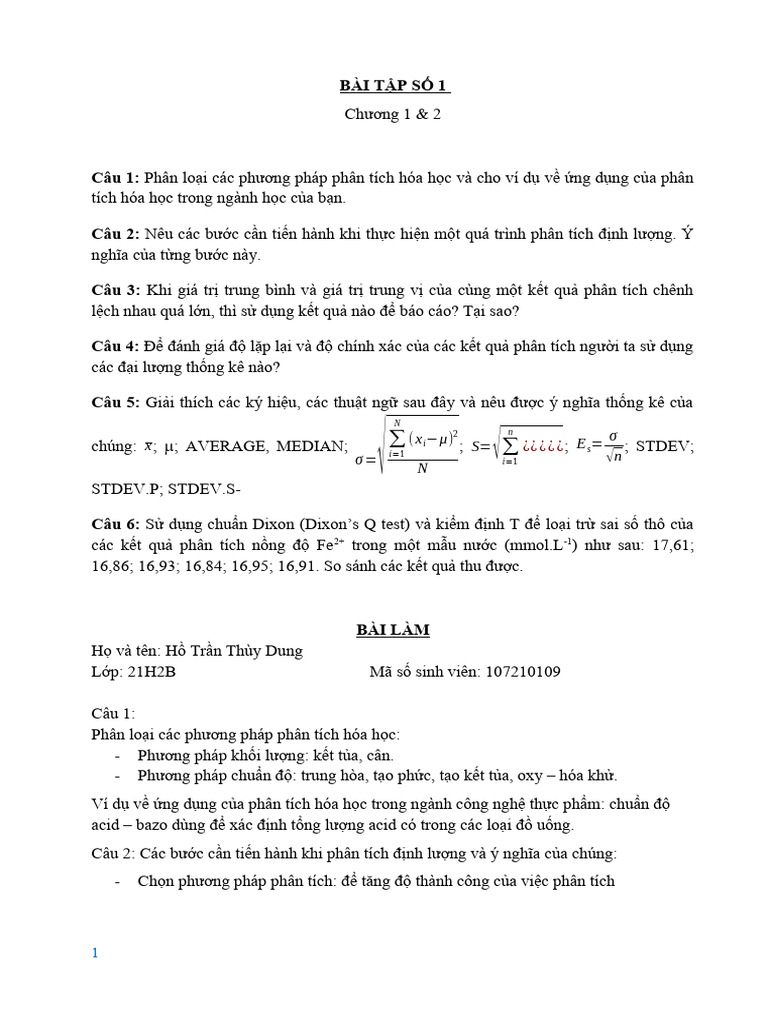 Hồ Trần Thùy Dung - 21H2B -Bài Tập Số 1-HK2-2022-2023 Hóa Phân Tích | PDF