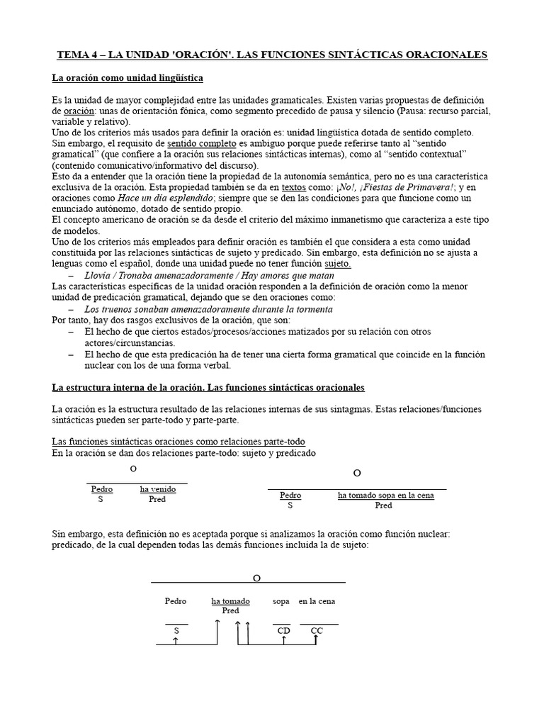 T4 La Unidad Oración Las Funciones | PDF | Predicado (Gramática) | Oración (Lingüística)