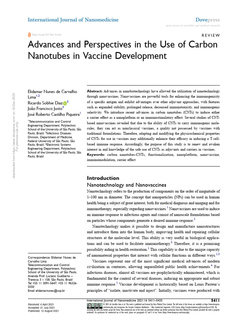 Advances and Perspectives in The Use of Carbon Nanotubes in Vaccine ...