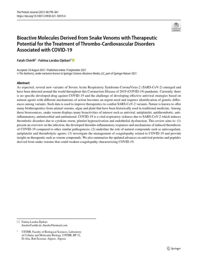 Bioactive Molecules Derived From Snake Venoms With Therapeutic ...