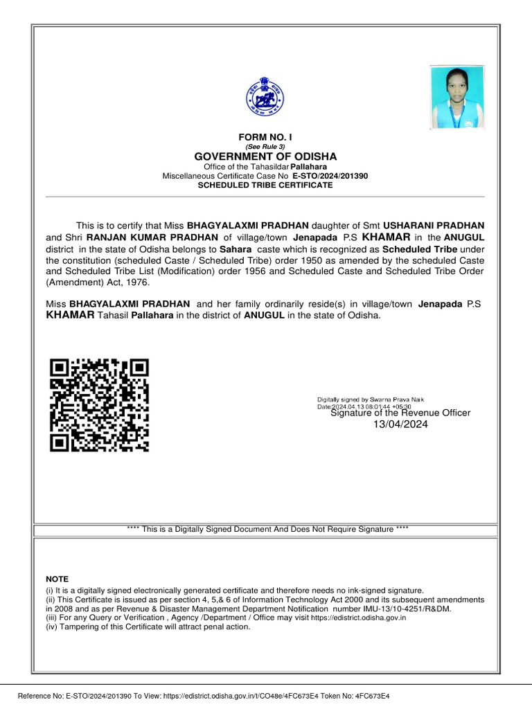 Scheduled Tribe Certificate for Pradhan | PDF