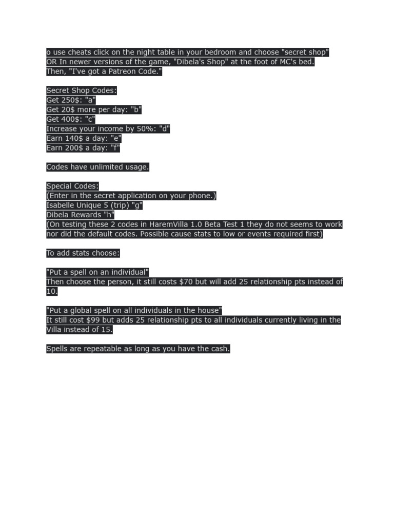 Harem Villa Cheat Codes Guide | PDF