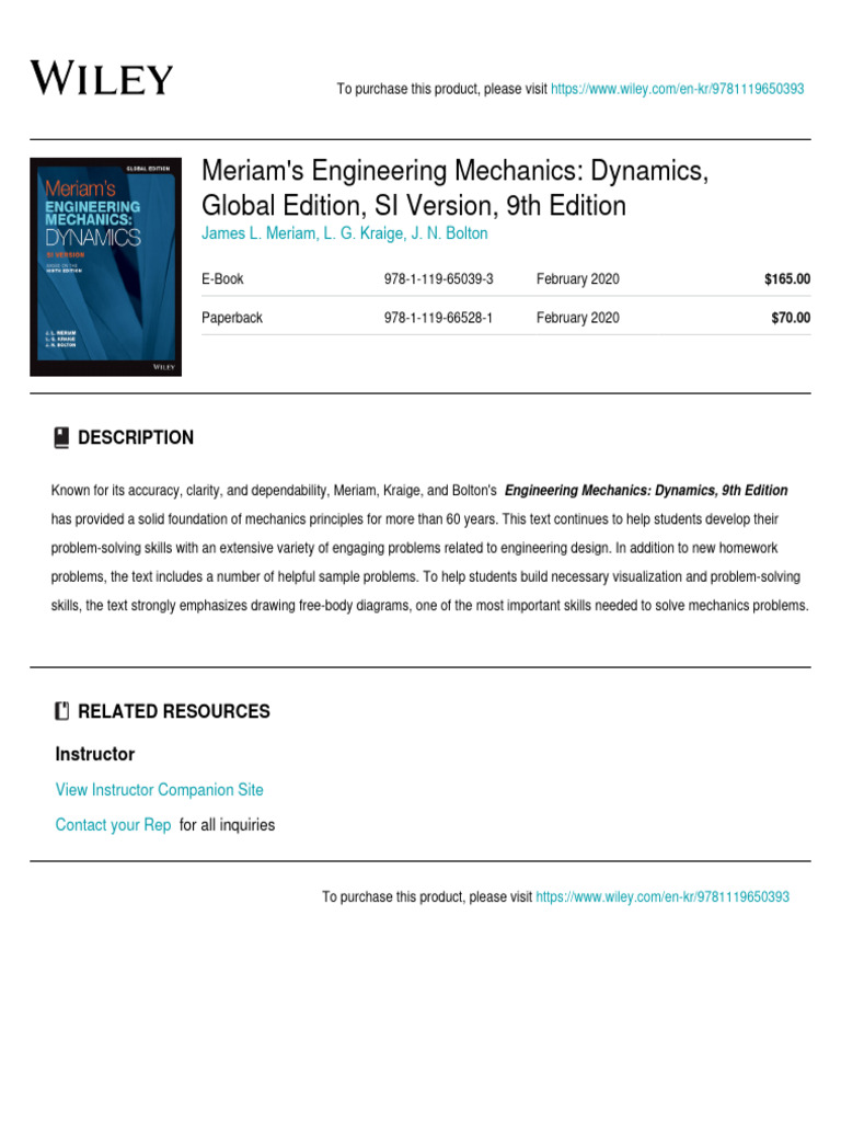 Wiley - Meriam's Engineering Mechanics - Dynamics, Global Edition, SI ...