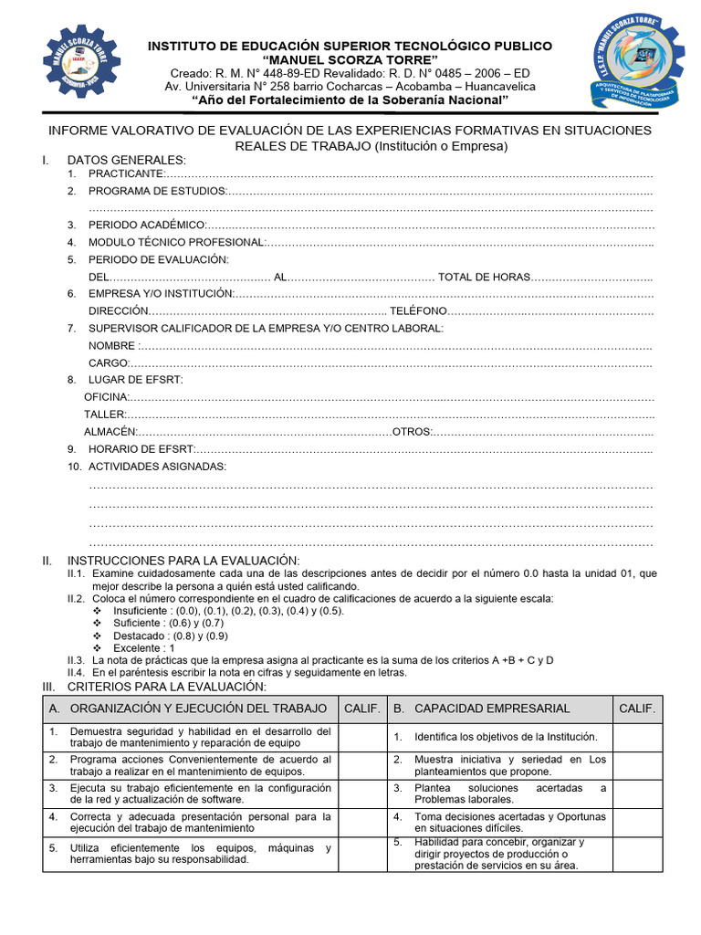 Ficha de Evaluación de Las Experiencias Formativas en Situaciones Reales de Trabajo | PDF ...