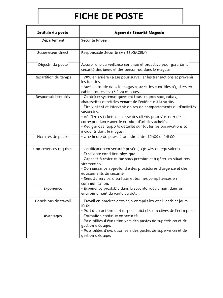 Fiche de Poste : Agent de Sécurité Magasin | PDF | Sécurité