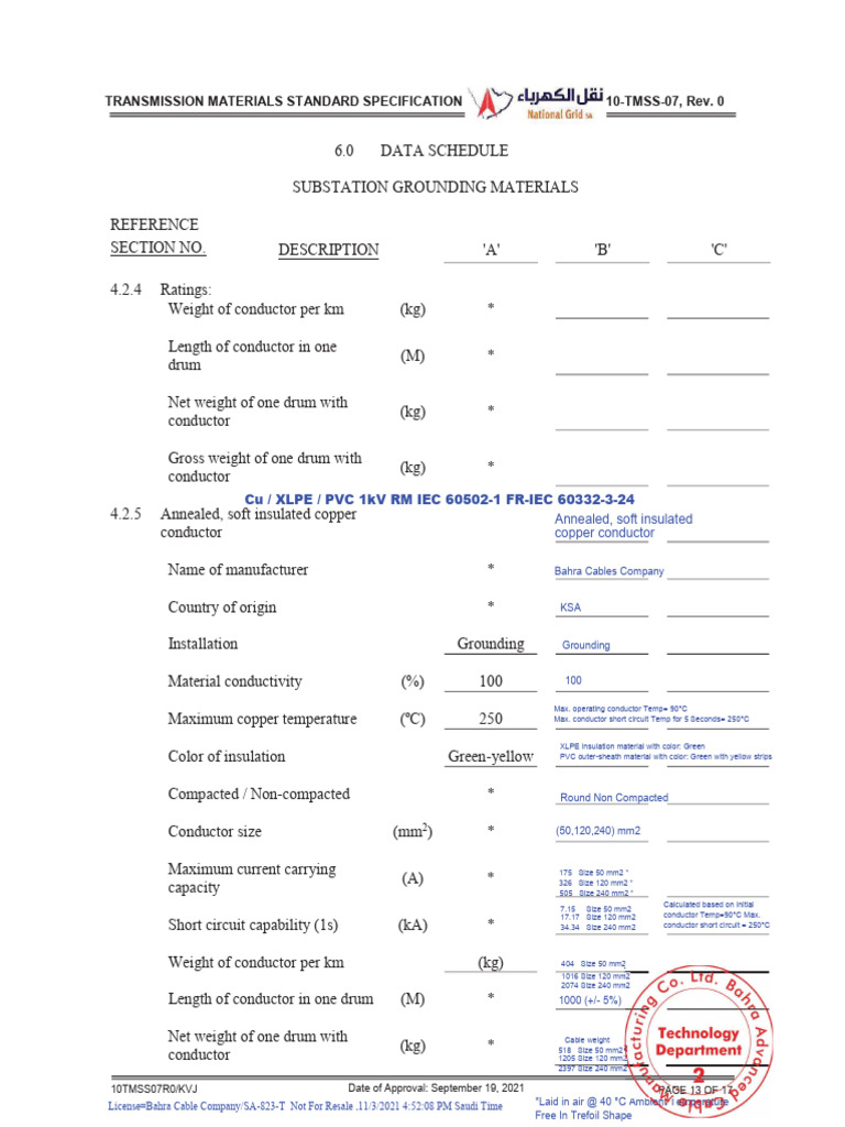 10-TMSS-07 - Rev.00-TDS 1KV Cables | PDF | Electrical Conductor | Insulator (Electricity)