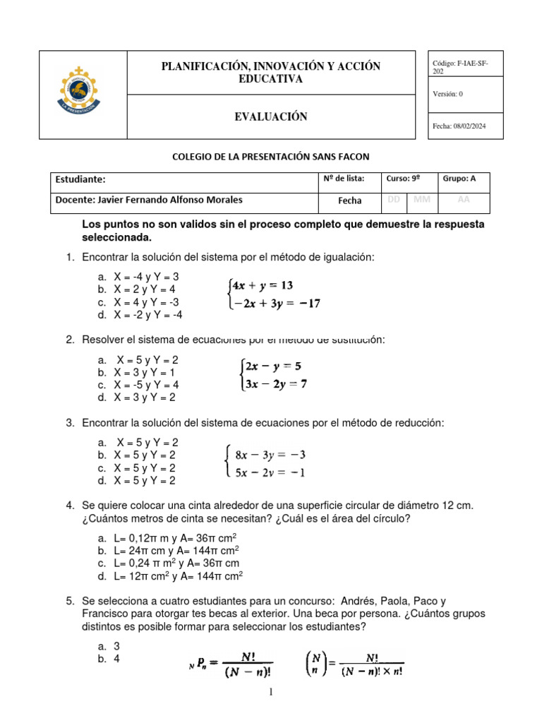 PROM EVA_III-IV_MATH_9 | PDF | Matemáticas