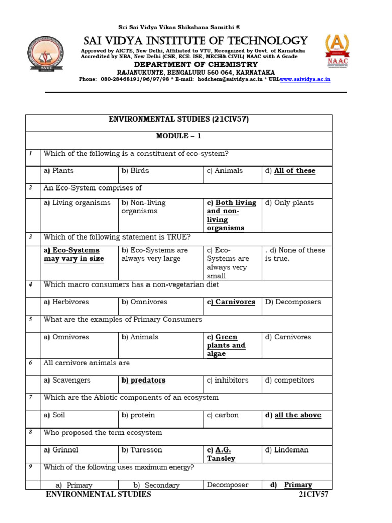 Evs Mcq 1 Module For V Sem Pdf Ecosystem Biodiversity