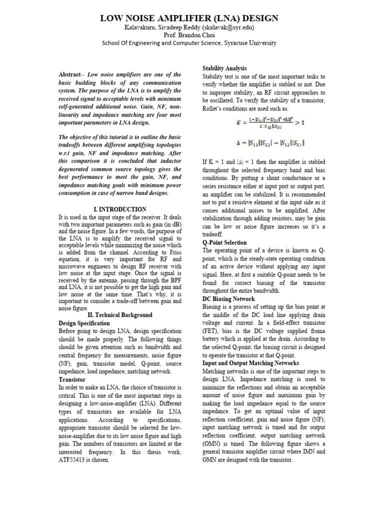 Low Noise Amplifier Lna Design | PDF | Amplifier | Telecommunications ...