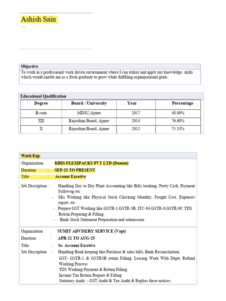 Resume Ashish Sain | PDF | Payments | Taxes