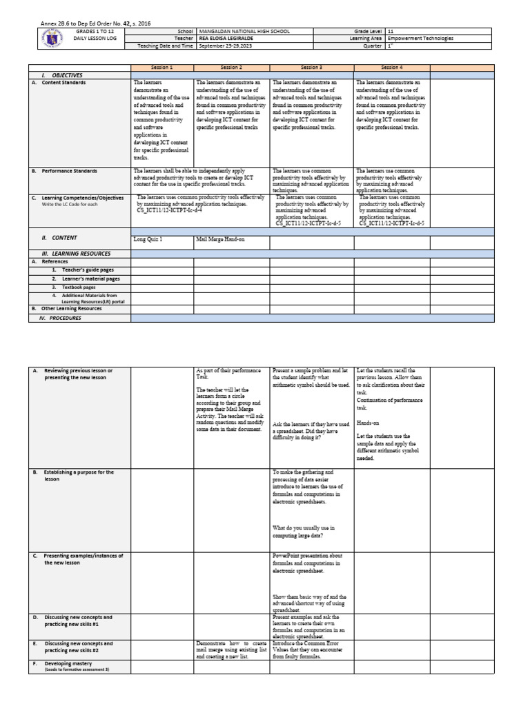 ETECH DLL-Q1-WEEK6 -Mail Merge With AdvSpreadsheet - Copy | PDF | Educational Technology ...