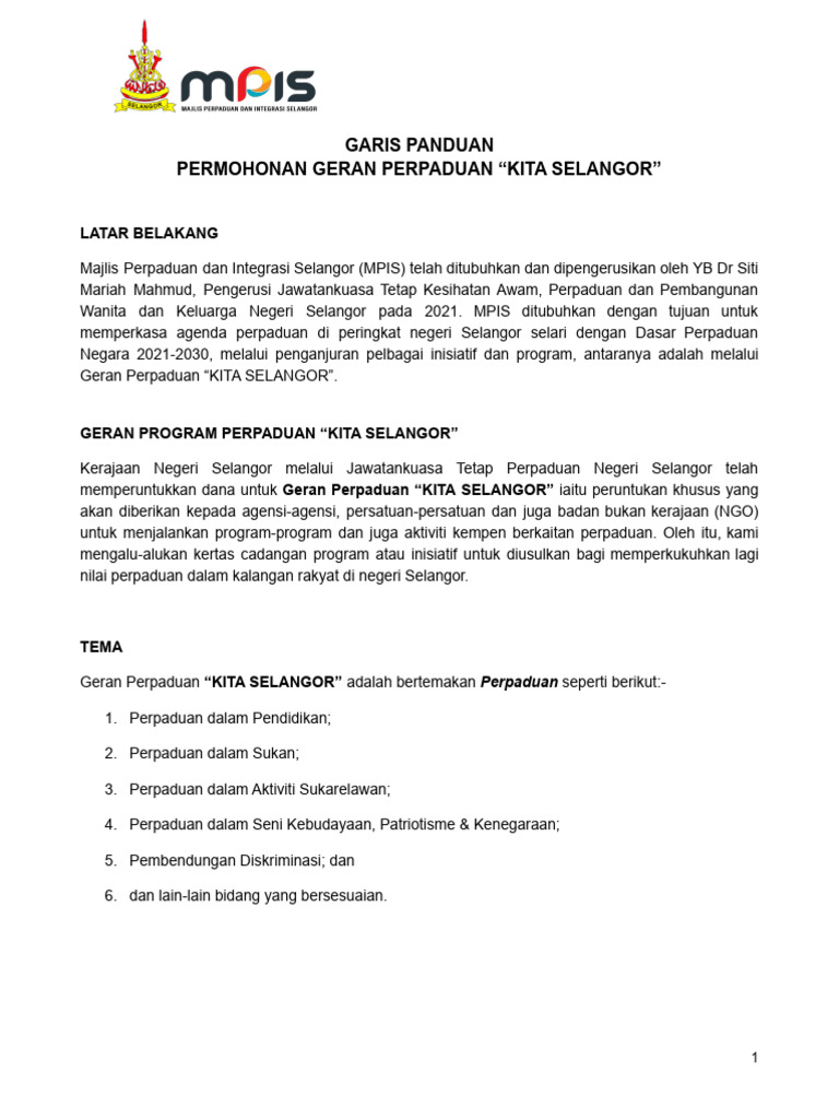 Garis Panduan Permohonan Geran Perpaduan Kita Selangor | PDF