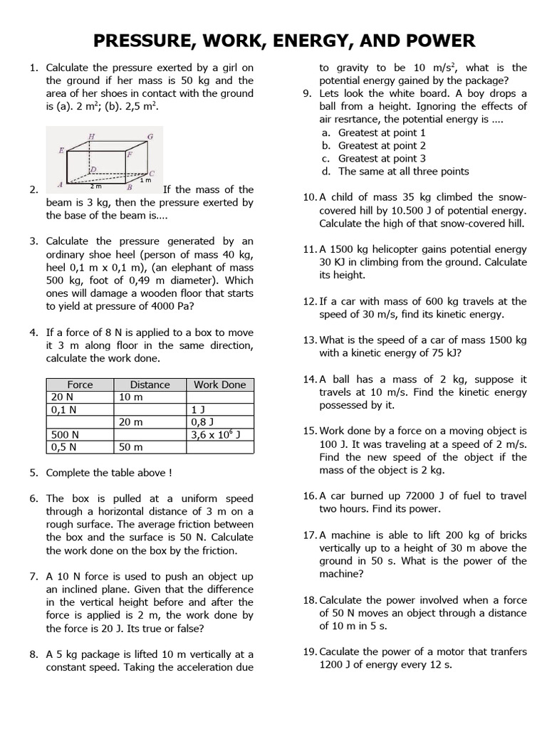 Pressure, Work, Energy, and Power Calculations | PDF | Force | Physical ...