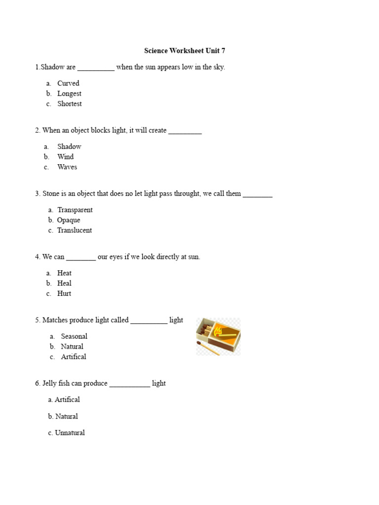 Science Worksheet: Light and Shadows | PDF | Science & Mathematics