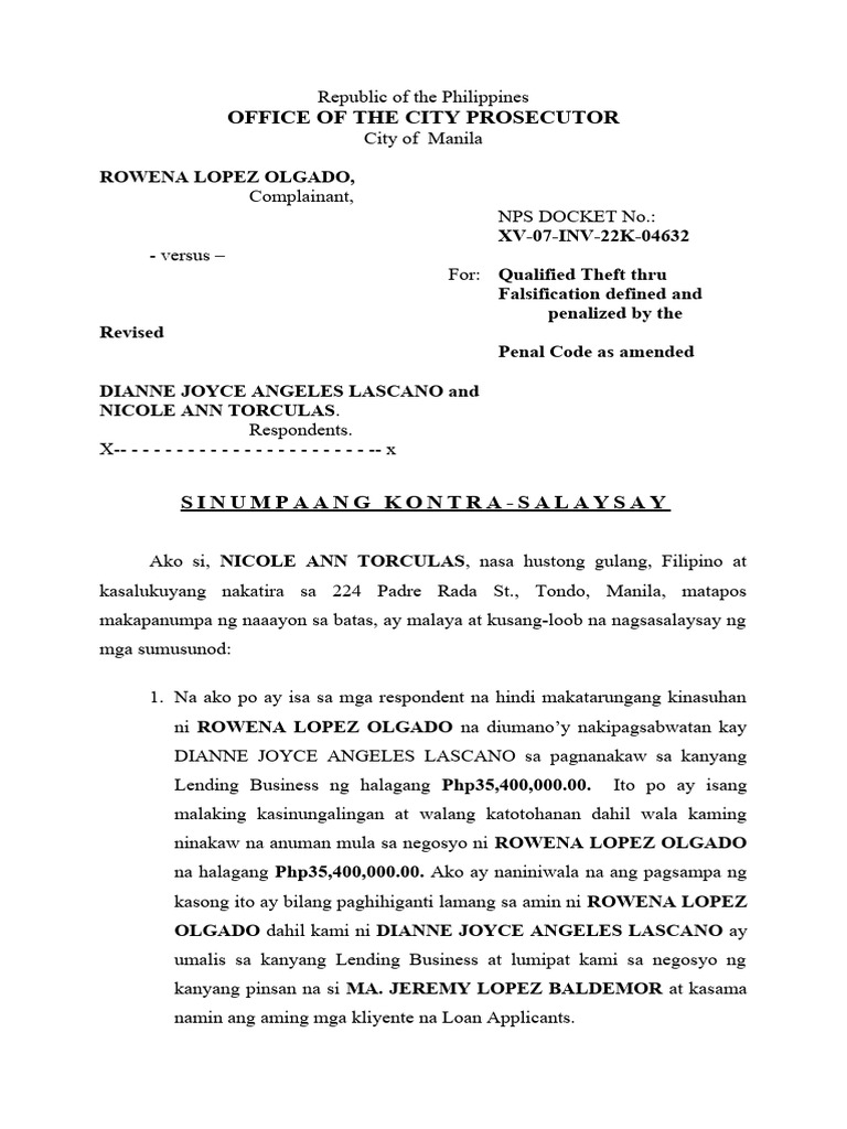 Kontra Salaysay QUALIFIED THEFT NICOLE TORCULAS | PDF