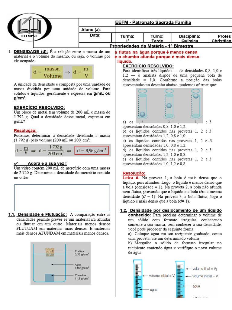 Propriedades Da Mat-Ria - Densidade | PDF | Densidade | Flutuabilidade