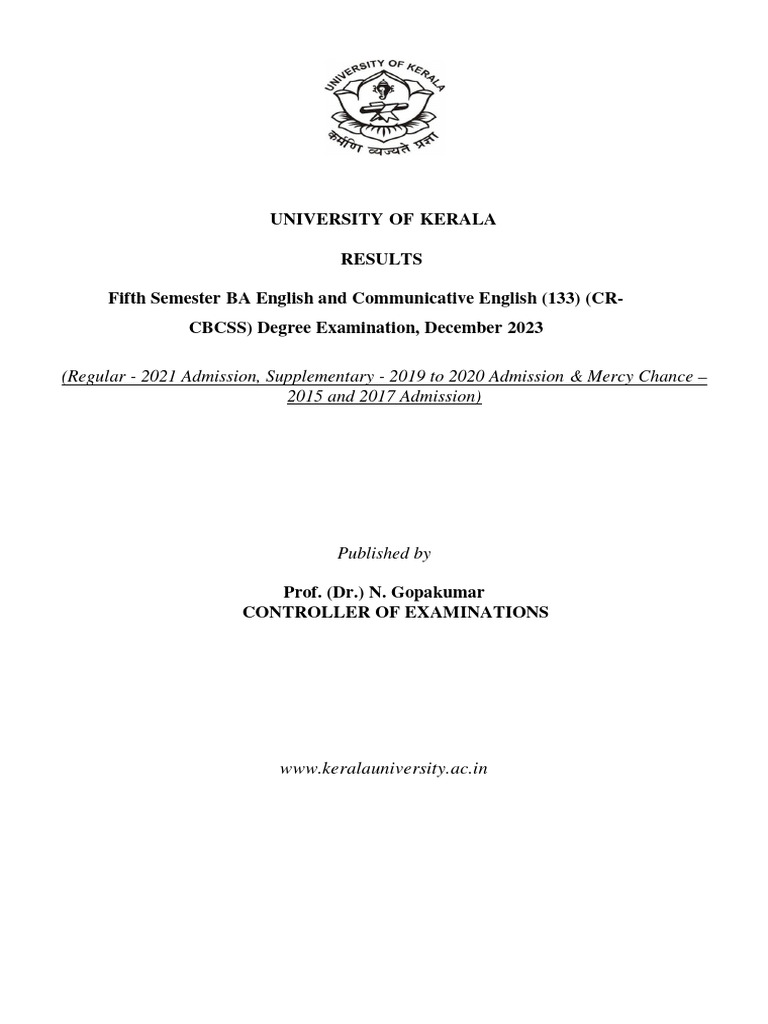 University of Kerala Results Fifth Semester BA English and Communicative English (133) (CR-CBCSS ...