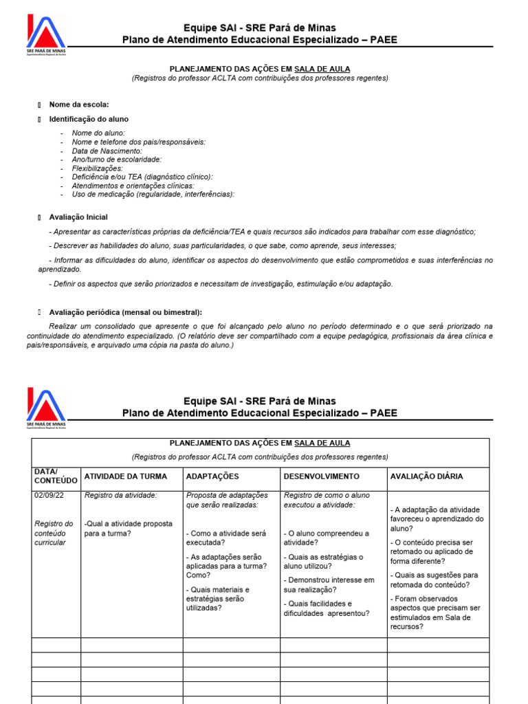 Modelo De Paee Sala De Aula Pdf Educação Especial Aprendizado