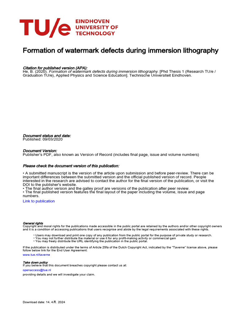 Formation of Watermark Defects During Immersion Lithography: Link To ...