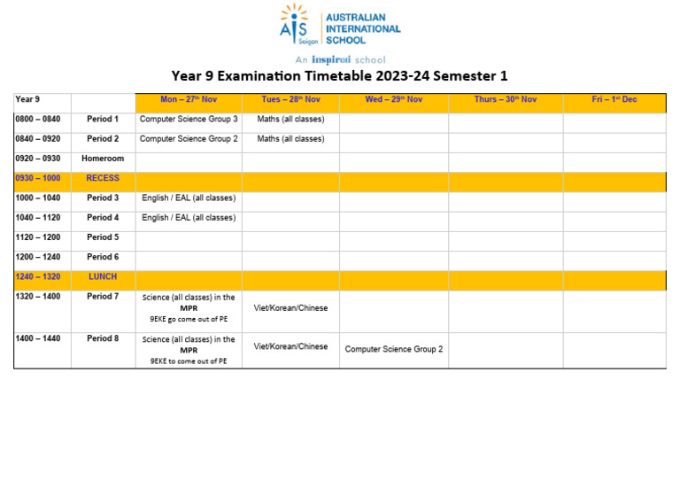 Year 9 Exam Schedule Nov-Dec 2023 | PDF | Science & Mathematics