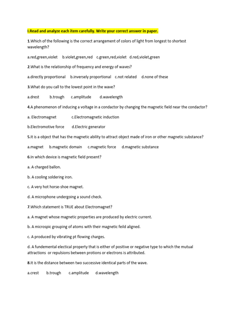 Science 10 exam sheet | PDF | Electromagnetic Radiation | Electromagnetic Spectrum