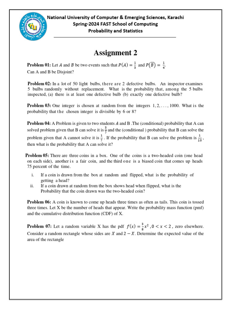 Assingment 2 - Prob Spring 2024 | PDF | Probability Distribution | Mathematics
