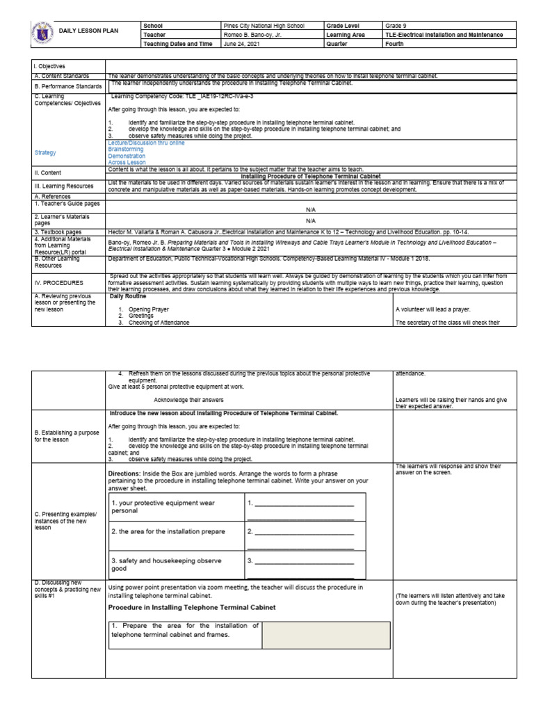 Installing Telephone Terminal Cabinet | PDF | Learning | Teachers