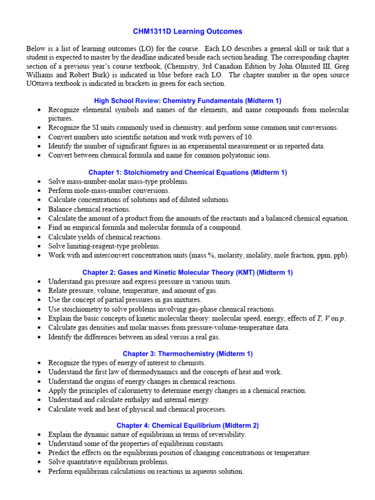 CHM1311D Learning Objectives 2021 | PDF | Chemical Equilibrium | Ph