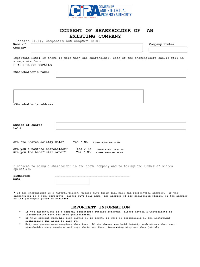 Shareholder Consent Form for Existing Company | PDF