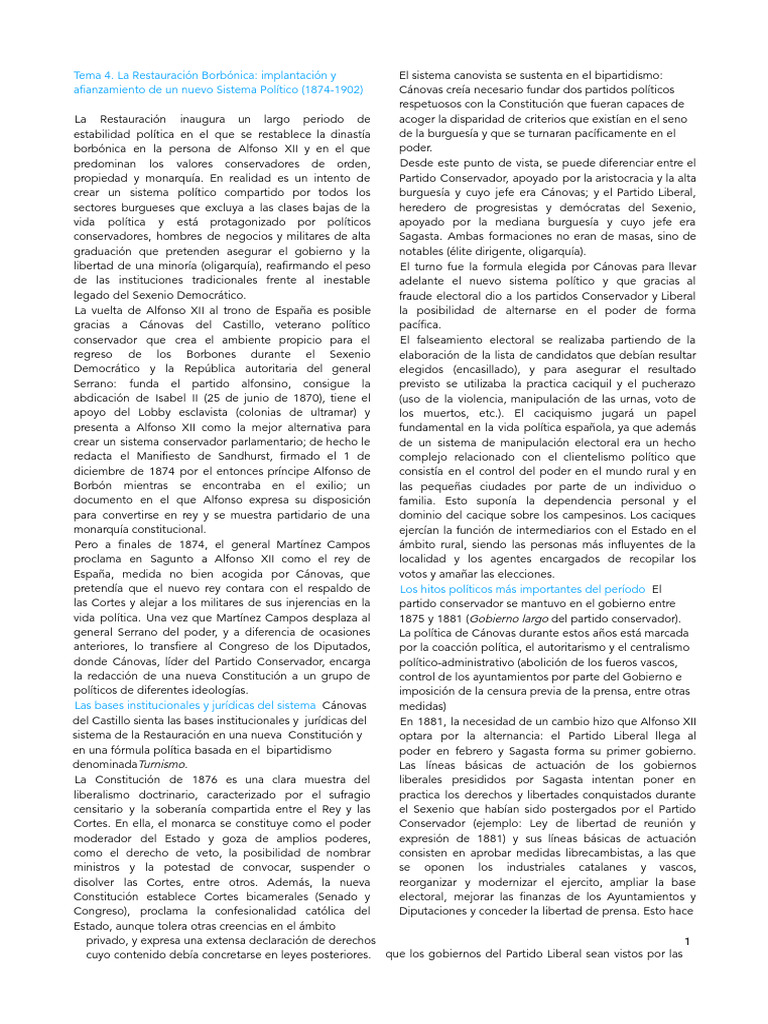 EvAU 4 RESTAURACION PDF | PDF | Gobierno de españa | Ciencias Políticas