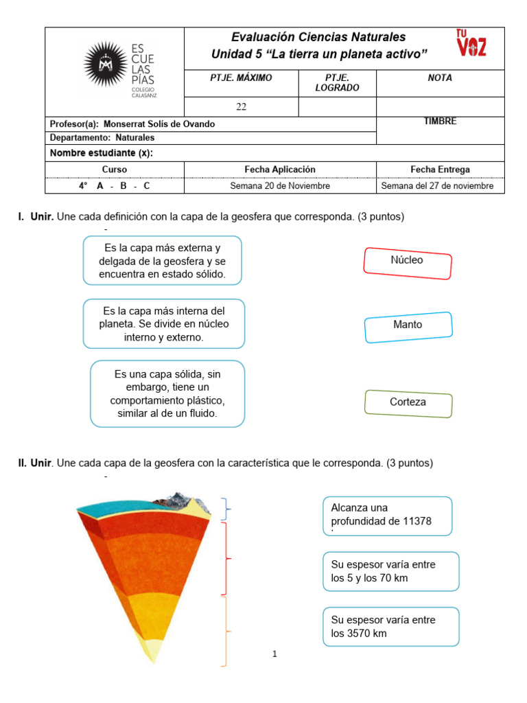 Evaluación Ciencias Naturales U5. Parte 1 | PDF | Tierra | Estructura ...