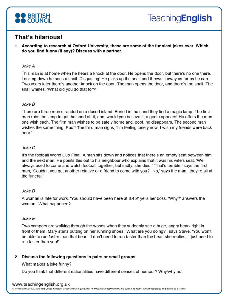 That's Hilarious Student Worksheet | PDF | Jokes
