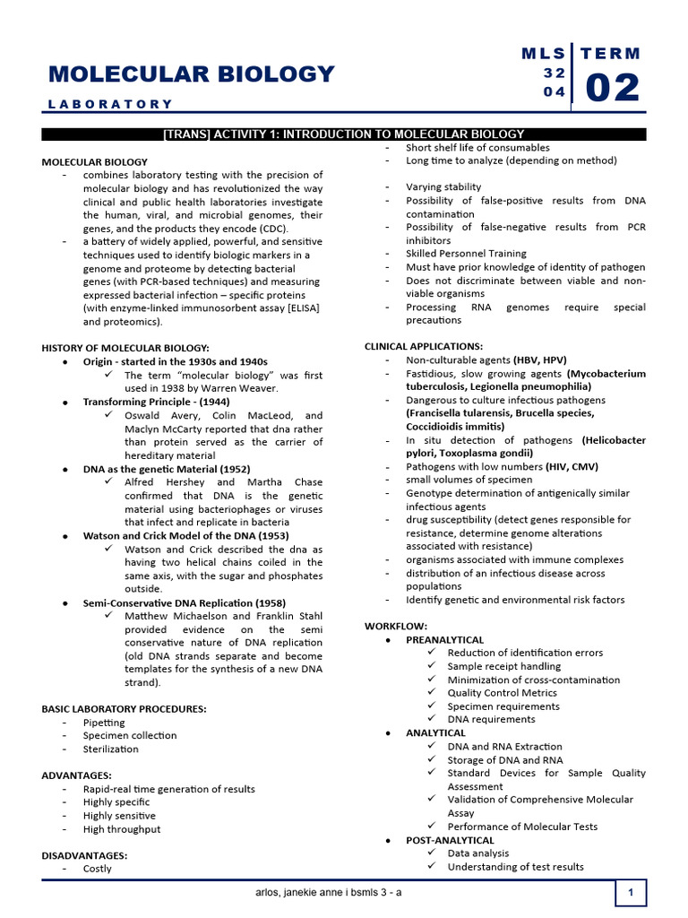 Trans-Molbio-Lab-Act 1 | PDF | Polymerase Chain Reaction | Primer (Molecular Biology)