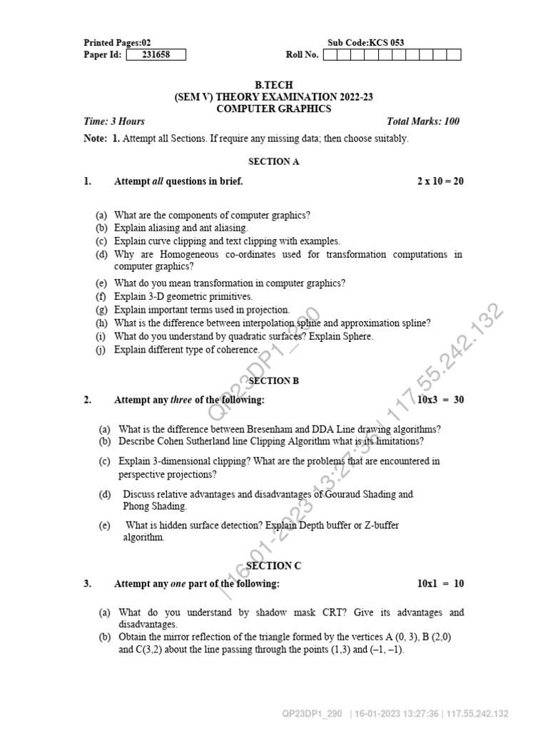 Btech Cs 5 Sem Computer Graphics kcs053 2023 | PDF | Computer Graphics ...