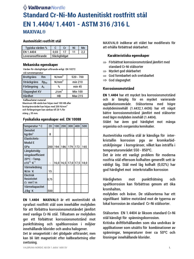 EN 1 4404 - 1408 Valbruna Nordic Svenska | PDF