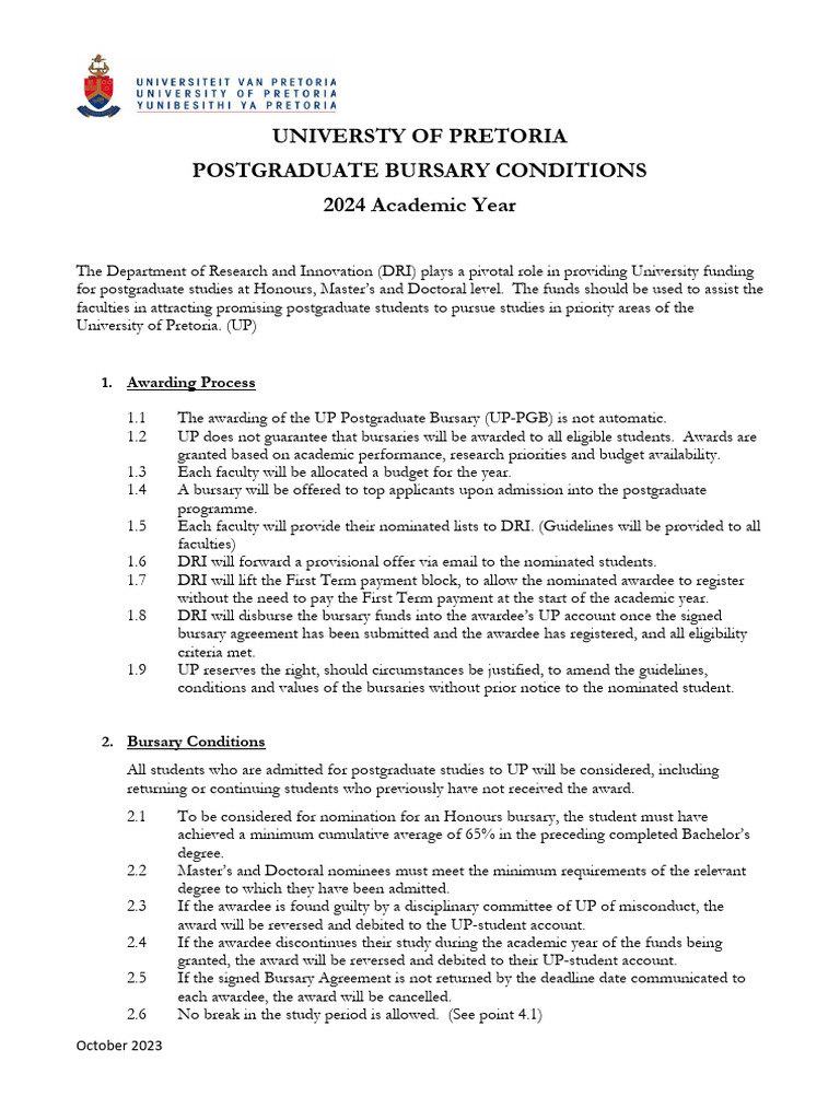 2024 Up Postgraduate Bursary Conditions | PDF | Postgraduate Education ...