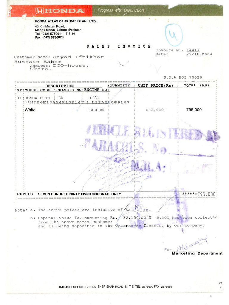 Honda: Sales Invoice | PDF | Car Manufacturers | Land Vehicles