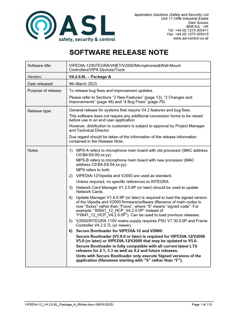 VIPEDIA-12 V4.2.0.8L Release Notes | PDF | Booting | Software Bug