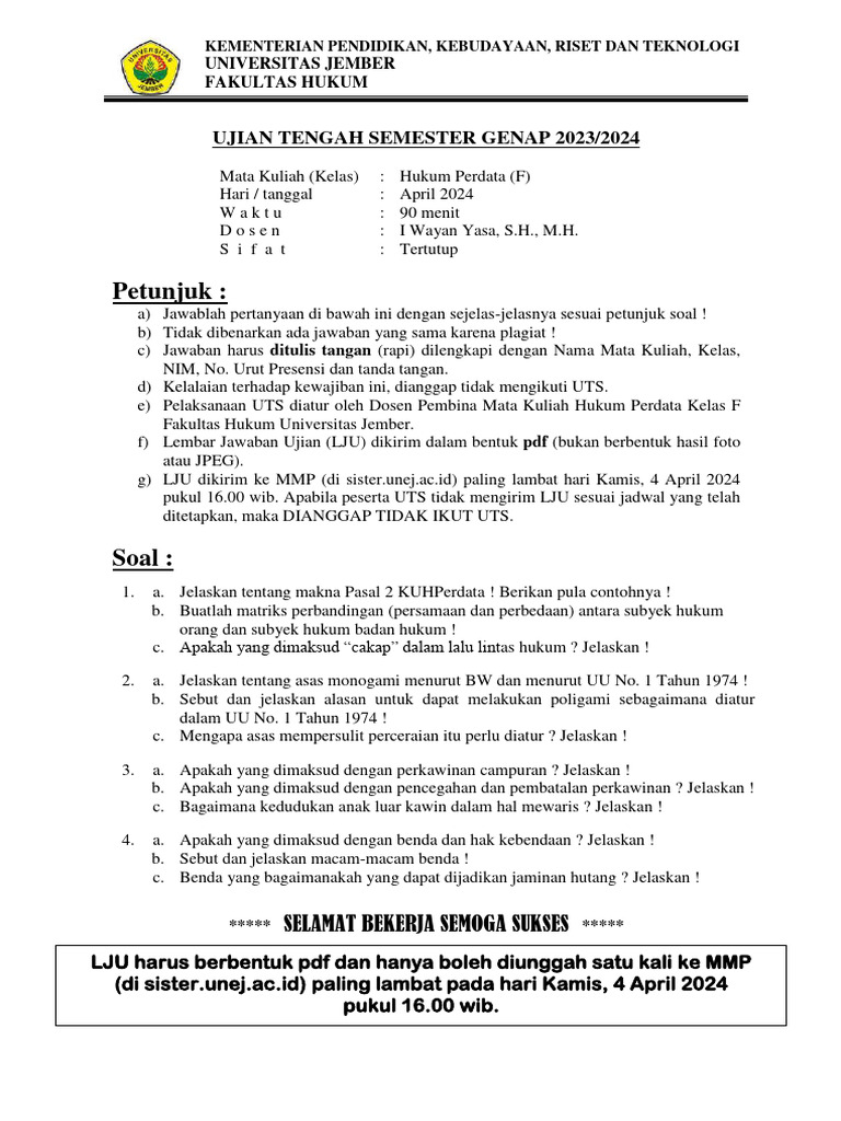 Soal UTS Hukum Perdata (F) | PDF