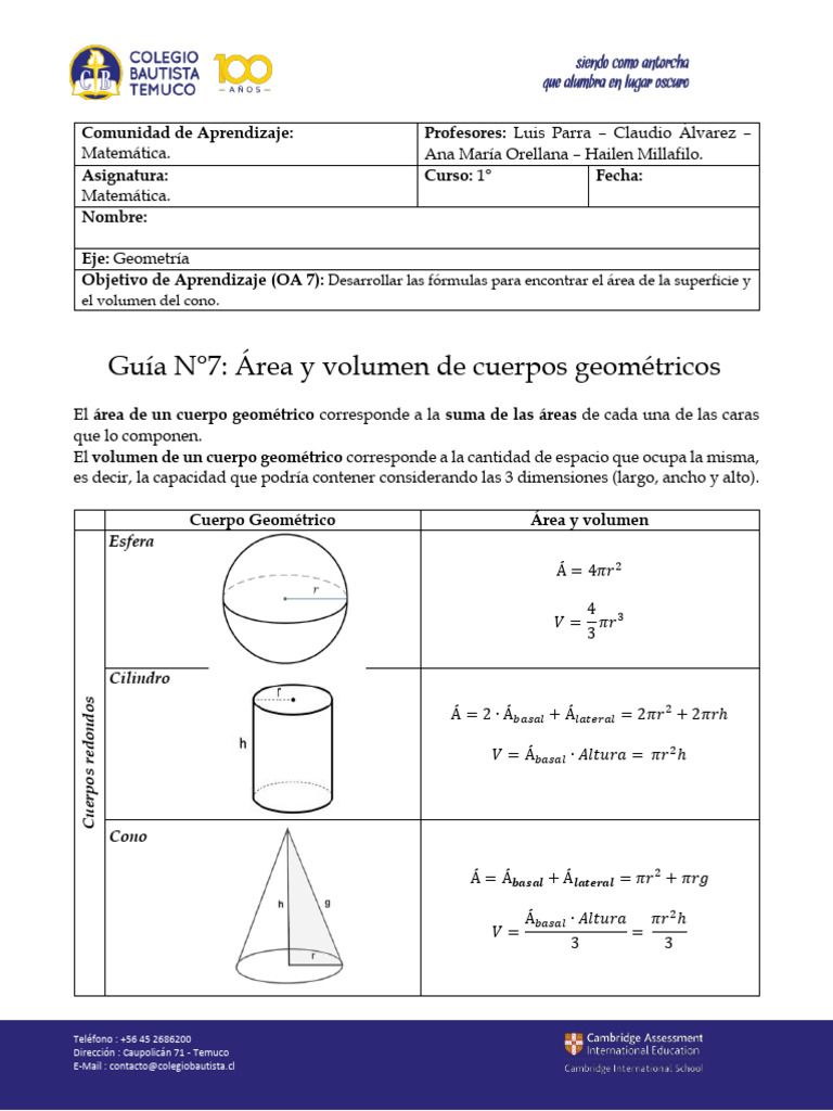 Guía N°7 - Área y Volumen de Cuerpos Geométricos | Descargar gratis PDF ...