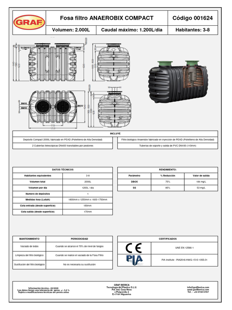 Ficha técnica FOSA FILTRO ANAEROBIX COMPACT 2000L 3-8 | PDF | El plastico | Sólido amorfo