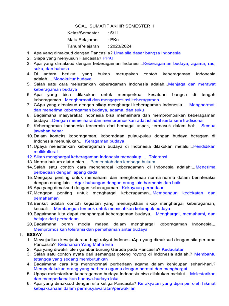 Soal Sumatif PKN Akhir Semester 1 Kelas 5 | PDF