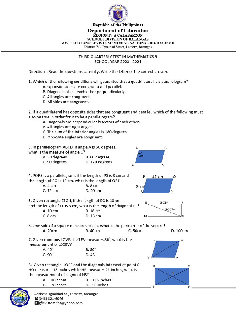 Math 9 Third Quarterly Test 2023-2024 | PDF | Rectangle | Triangle