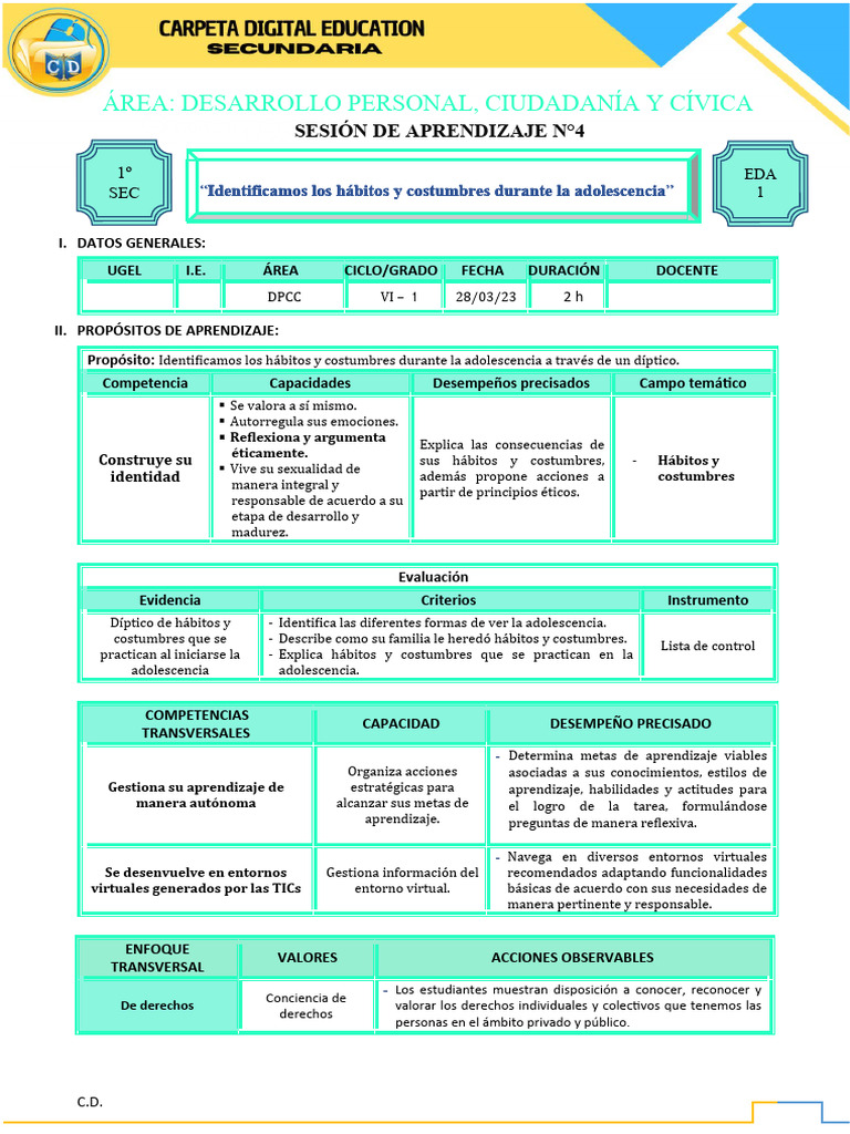 1° Sesión de Aprendizaje Sesión4-Sem.2-Exp.1 - DPCC | Descargar gratis PDF | Aprendizaje ...