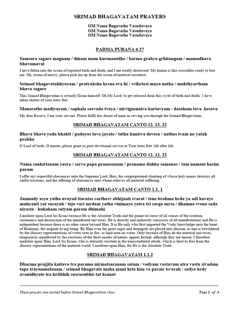 Srimad Bhagavatam Prayers | PDF | Bhagavata Purana | Forms Of Vishnu