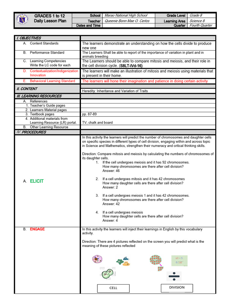 Cot 1 Pdf Mitosis Meiosis